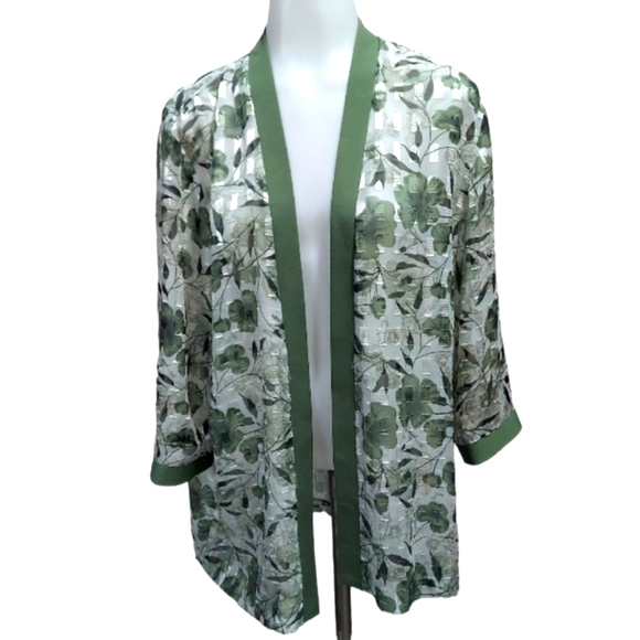 BonWorth | Sweaters | Bonworth Green White Floral Print Semi Sheer Open ...